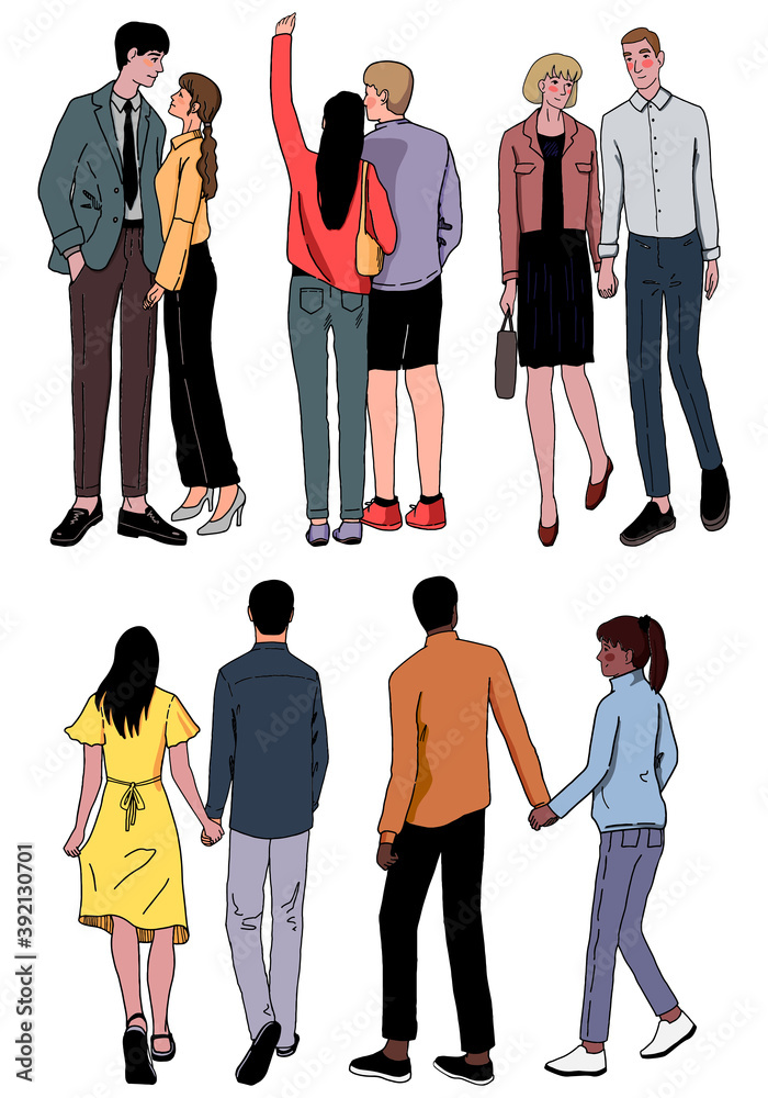 Lovely couples doodles illustrations set. Men and women on a date, a ...
