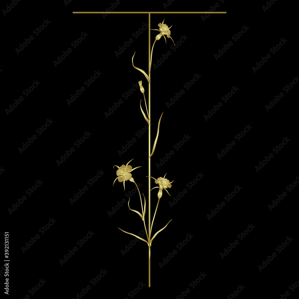 Golden capital letter T with floral motifs. Beautiful alphabet font ...