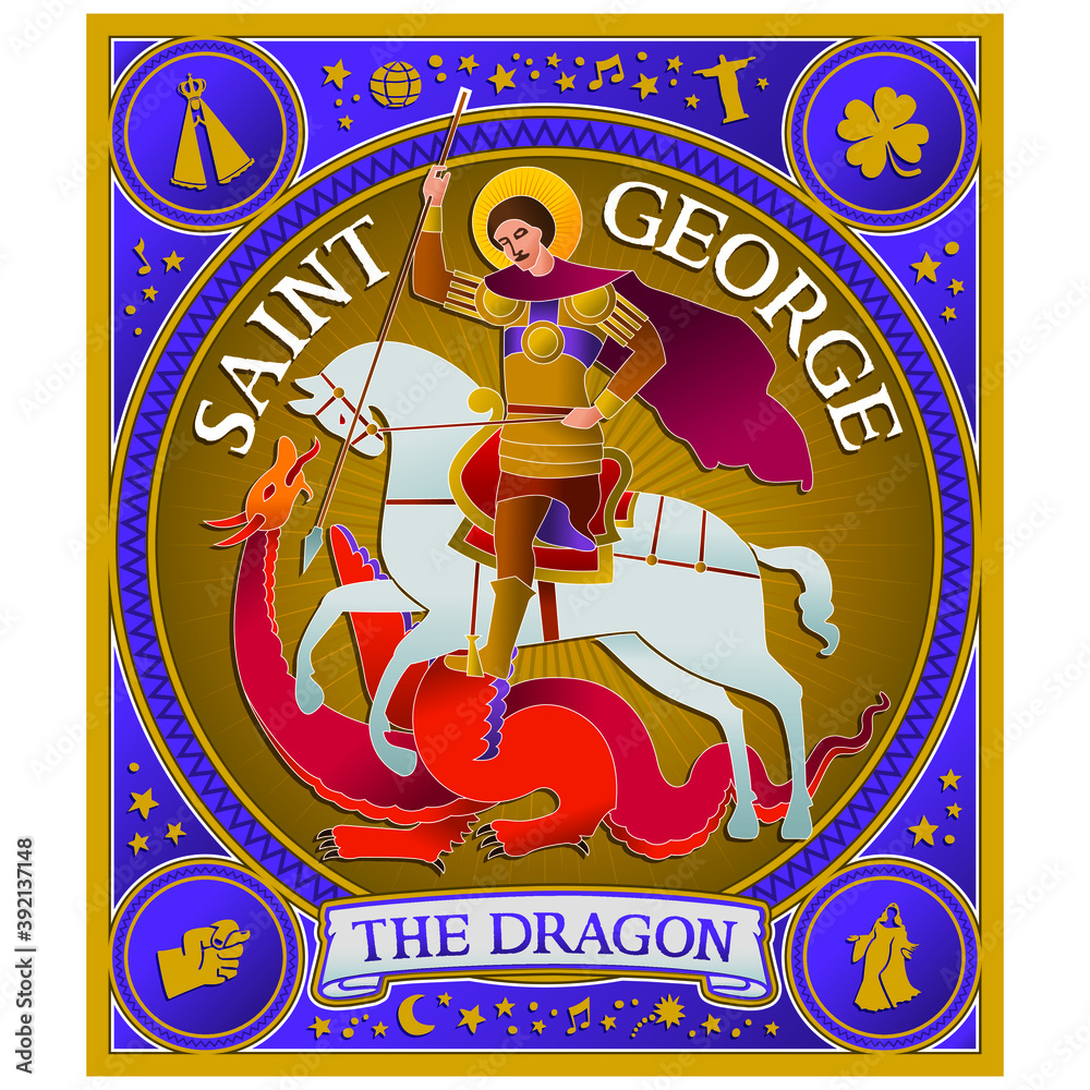 Colorful art of Saint George riding a horse and fighting the Dragon, in ...