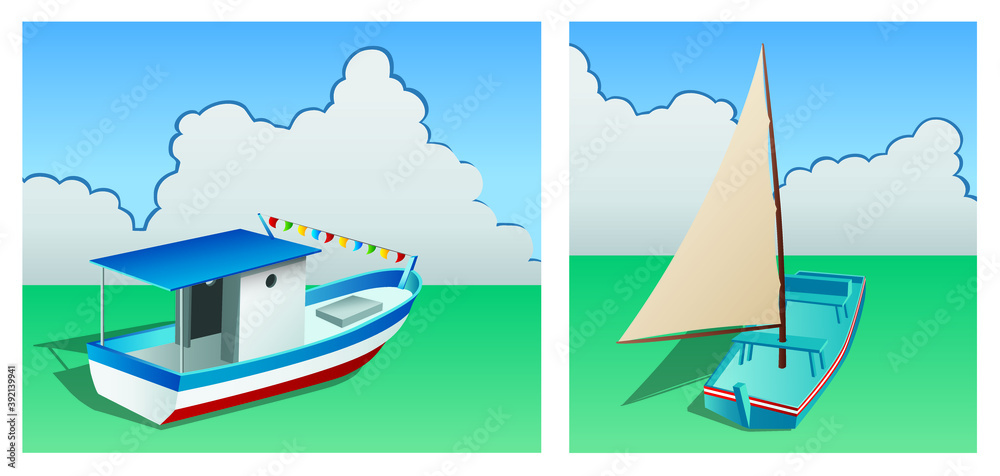 Drawing of fisherman boat and sail raft on the sea, typical boats from ...