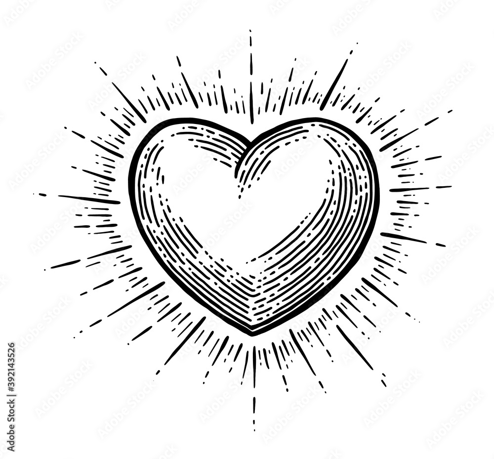 Heart with rays. Vector black vintage engraving illustration isolated ...