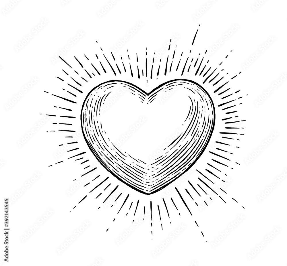 Heart with rays. Vector black vintage engraving illustration isolated ...