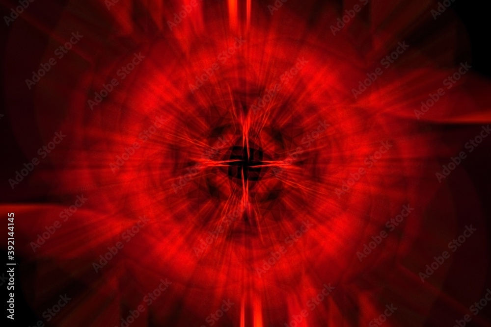 Geometric figure at night, magical glow of a red mandala with a cross ...
