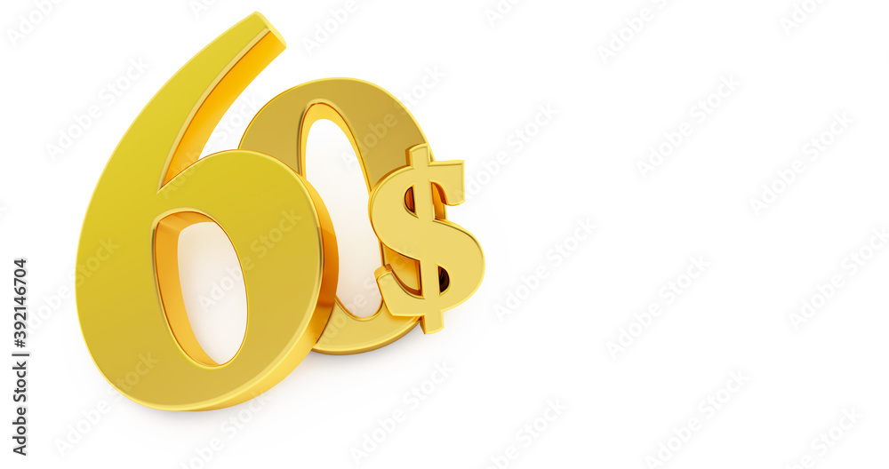 Golden sixty Dollar sign isolated on white background, 60 dollar price ...
