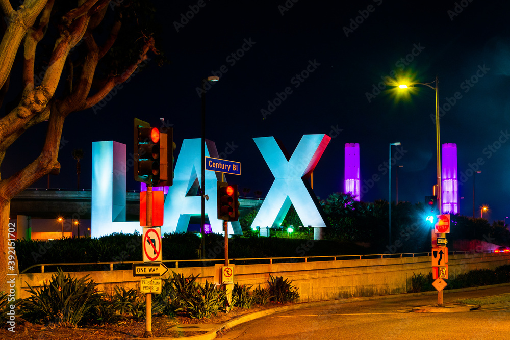 Los Angeles, California - October 11 2019: LAX Airport sign at night in ...