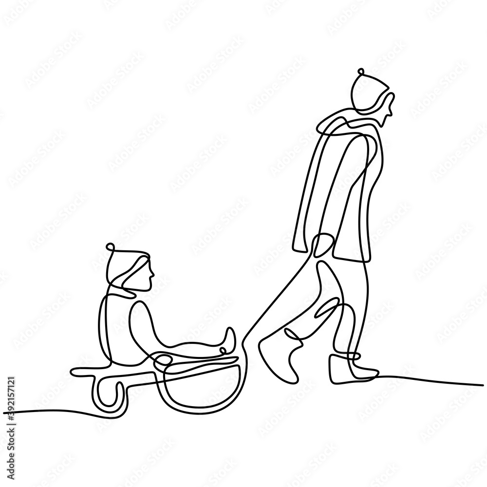 Continuous one single line drawing of dad rolls baby snow tubing ...