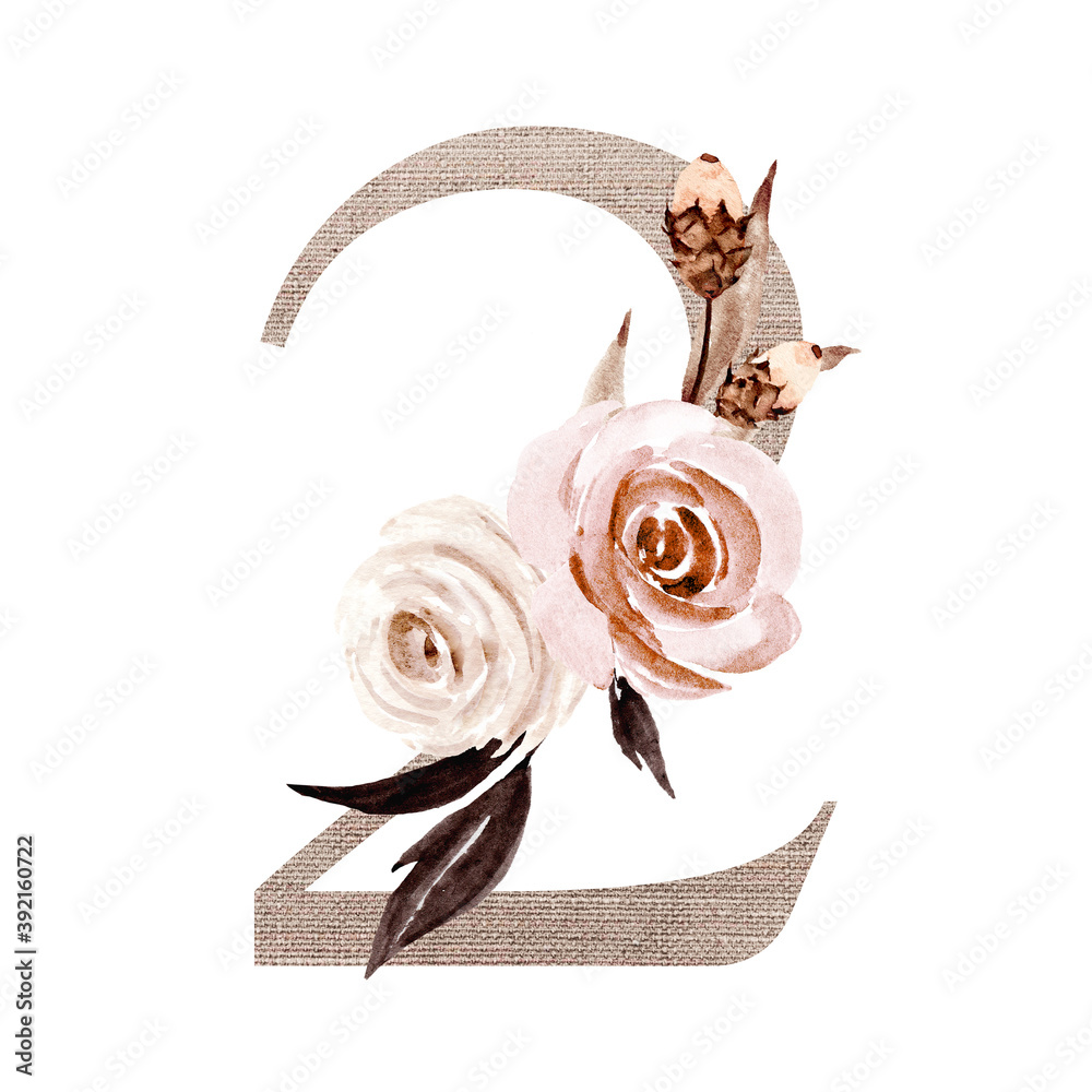 Number 2 linen texture with watercolor flowers roses and leaf ...