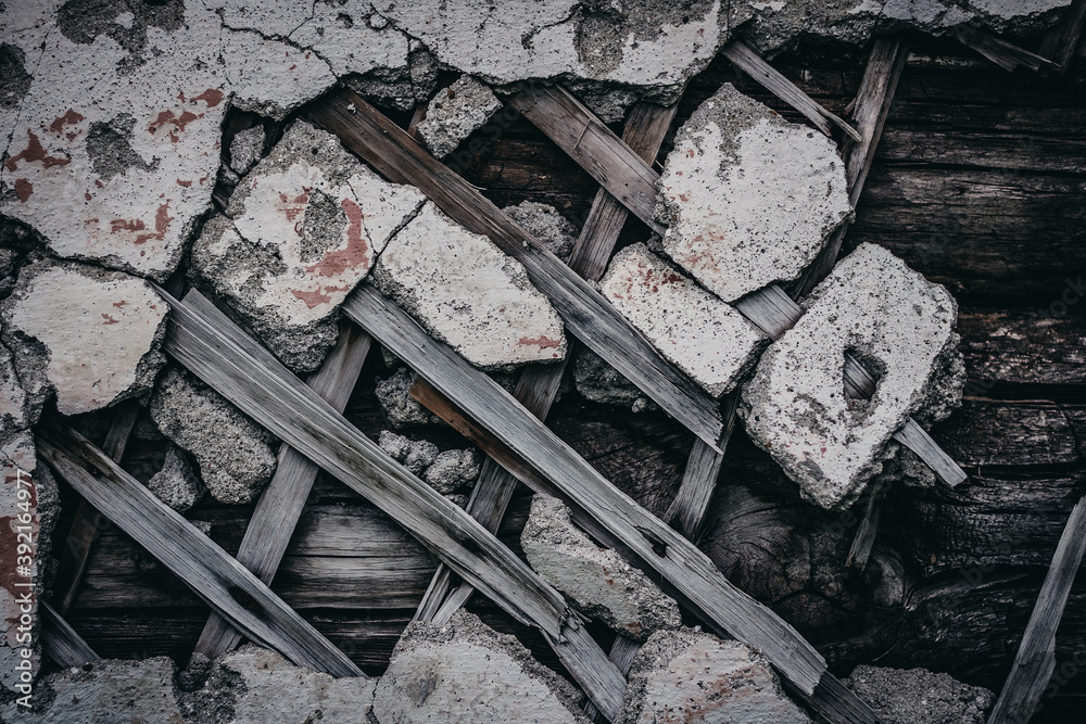 old wall with broken gray stucco and wooden grating architecture Stock ...
