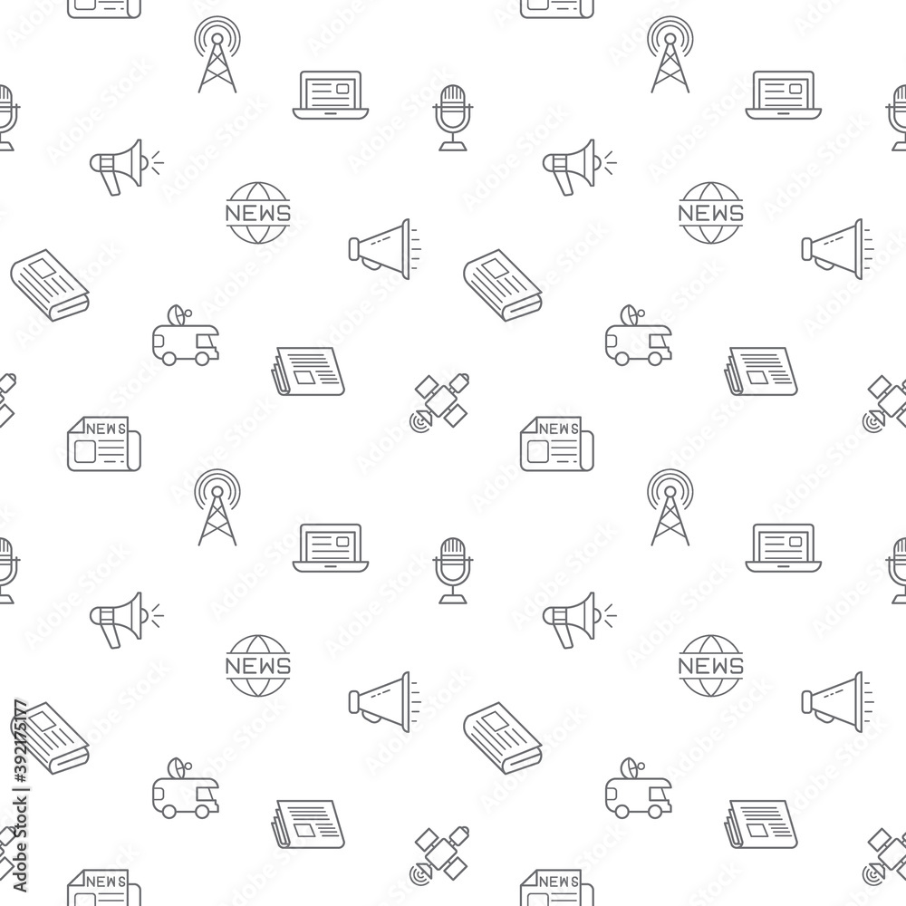 Seamless pattern with news, journalism, camera, newspaper, news van ...