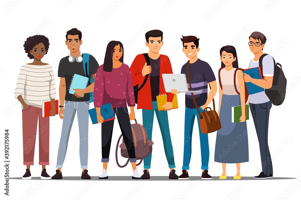 College or university students group. Young happy people standing ...