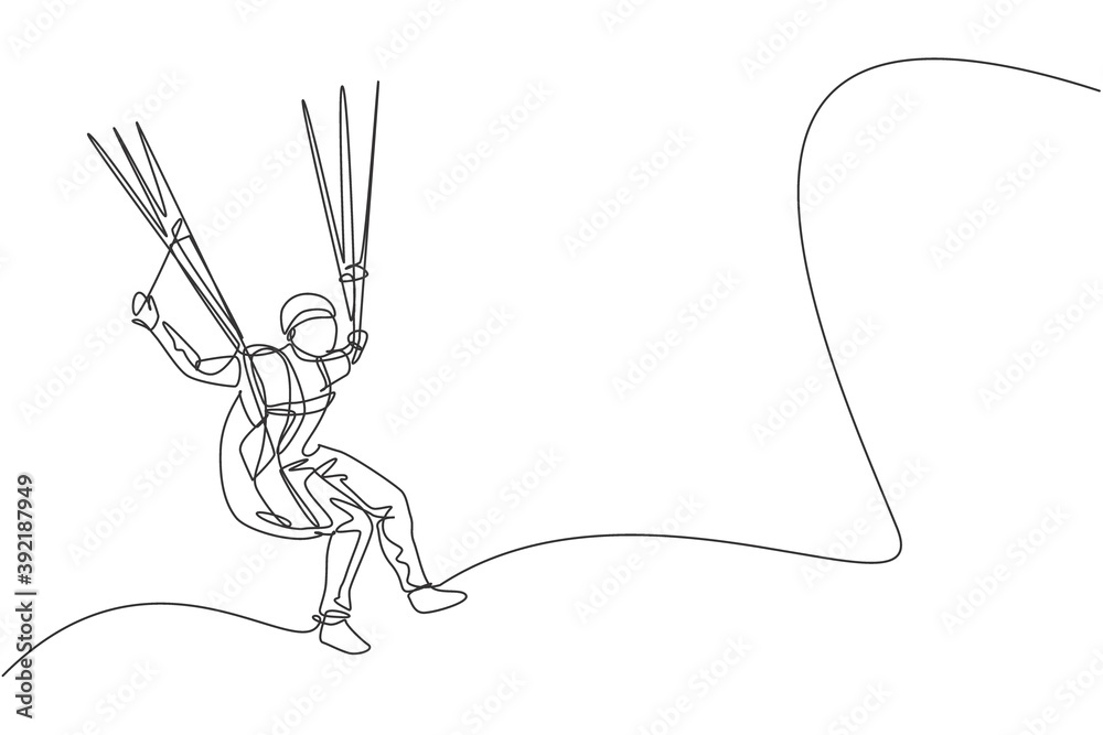 One single line drawing of young sporty man flying with paragliding ...