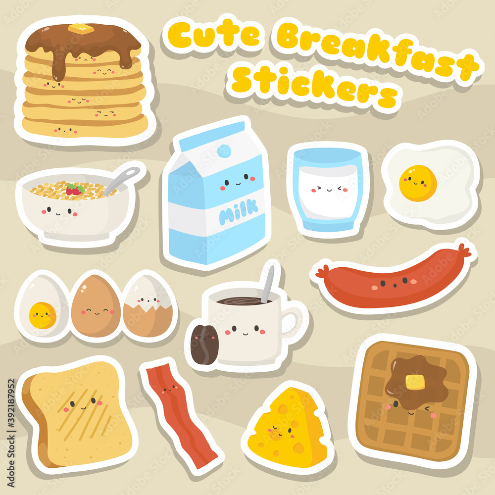 Cute kawaii breakfast sticker vector set. set of breakfast food and ...