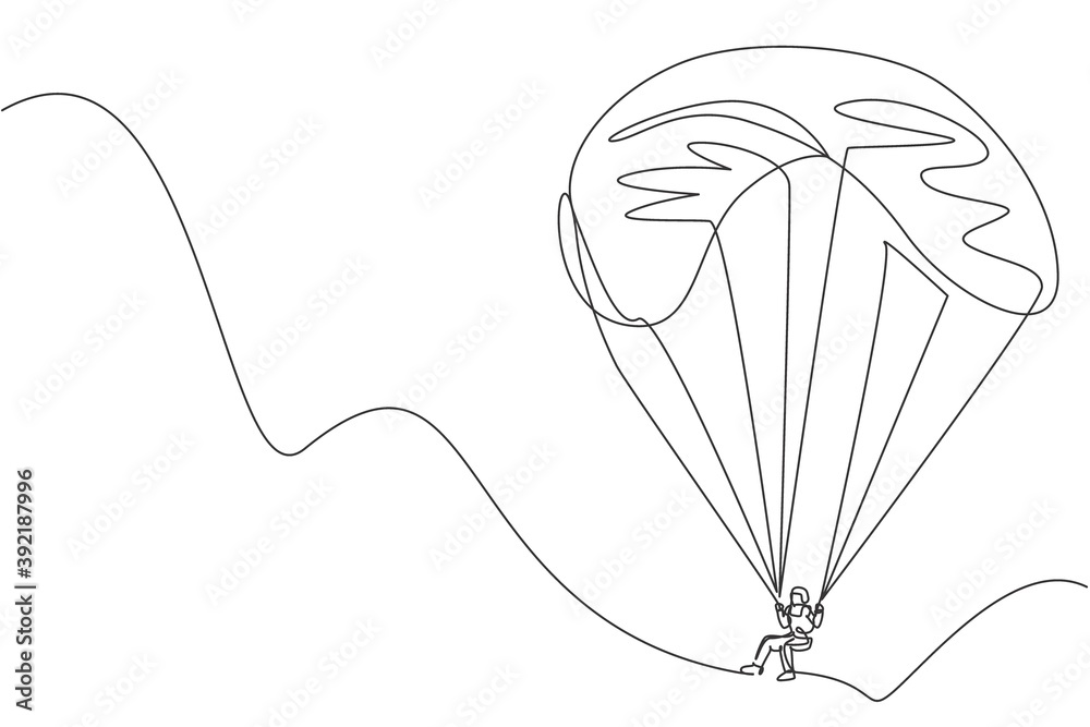 One single line drawing of young sporty man flying with paragliding ...