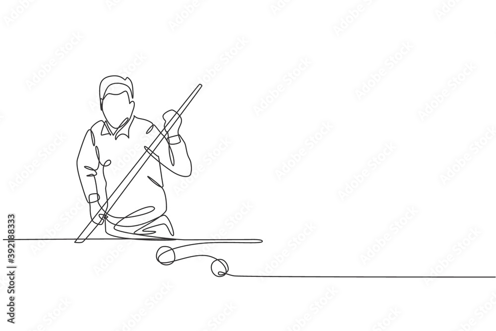 One single line drawing of young handsome man playing pool billiards at ...