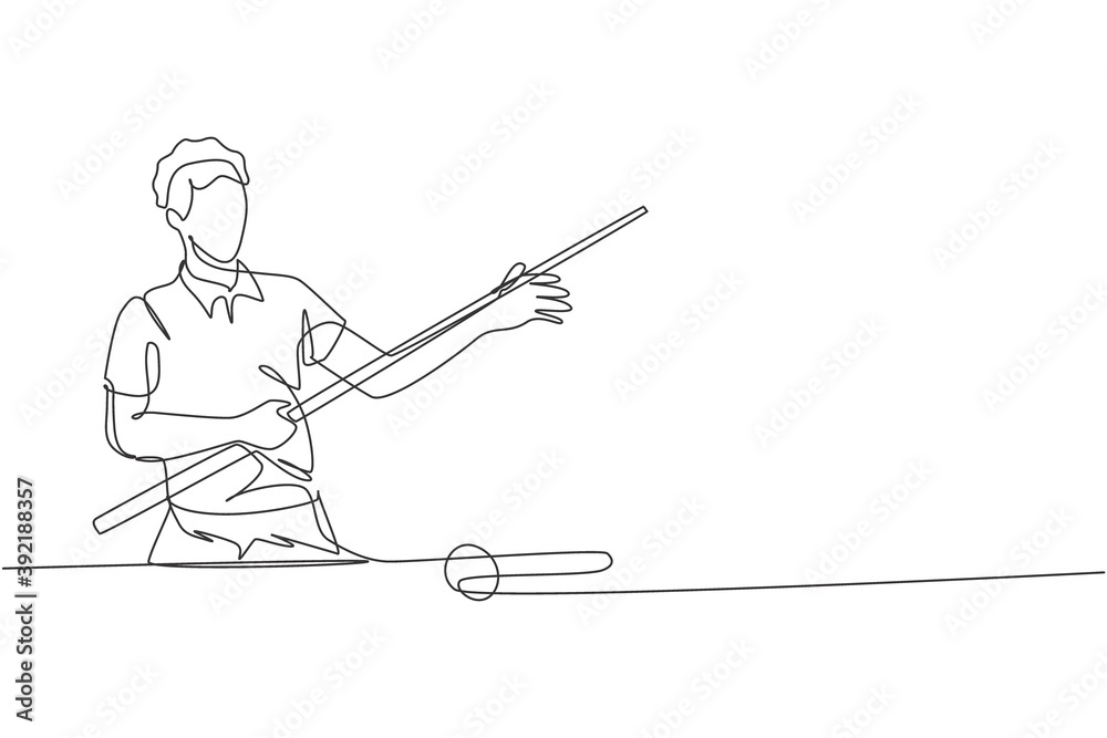 One single line drawing of young handsome man playing pool billiards at ...