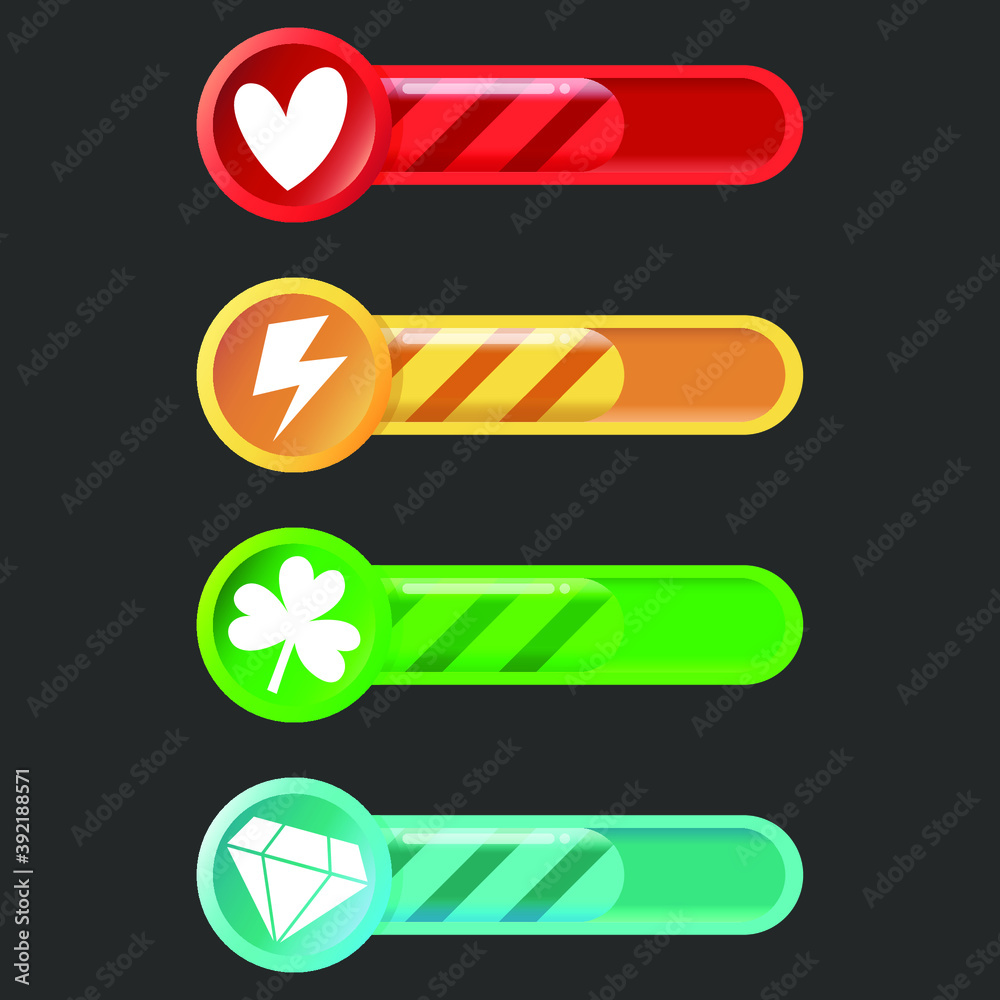 Mobile game UI, GUI. Game interface. Colorful set of status icons ...