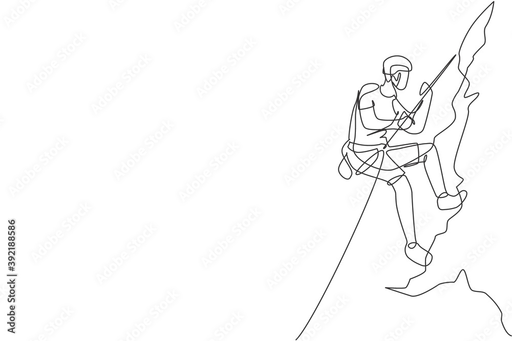 One continuous line drawing of young bravery climber man practice ...