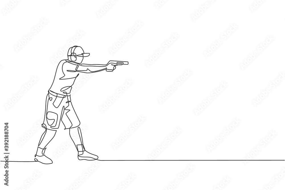 One single line drawing of young man practicing to shot target in range ...