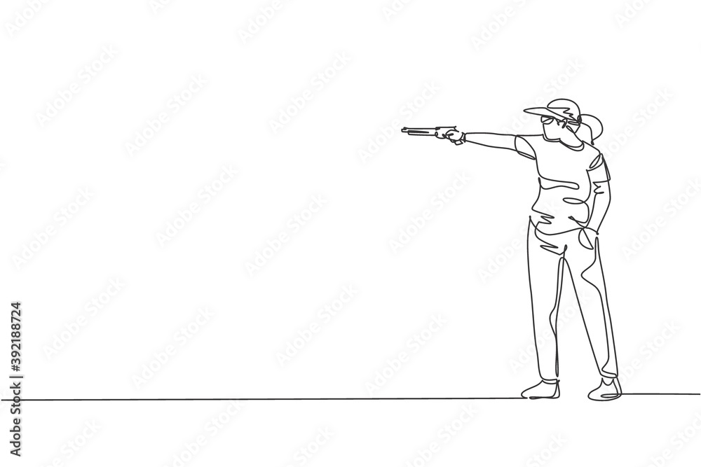 Single continuous line drawing of young athlete woman shooter holding ...