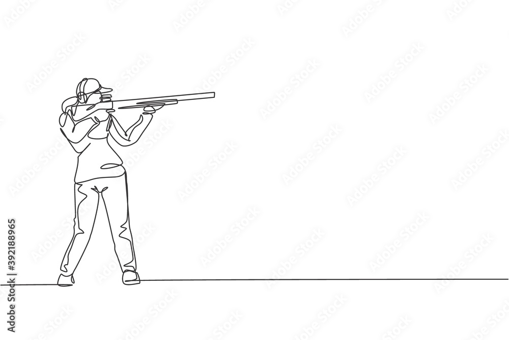 One continuous line drawing of young woman on shooting training ground ...