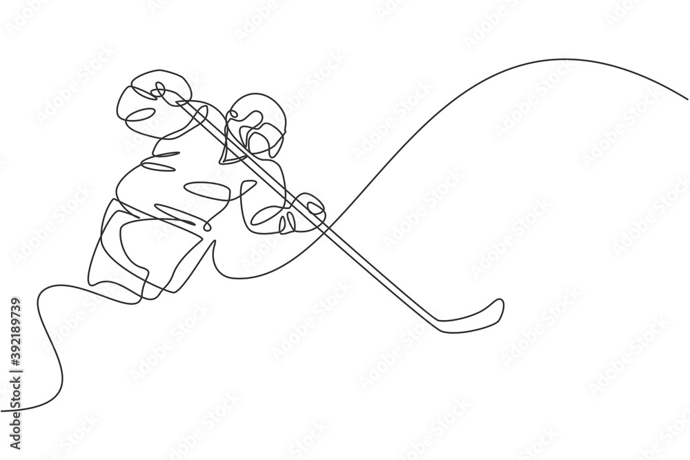 One single line drawing of young ice hockey player in action to play a ...