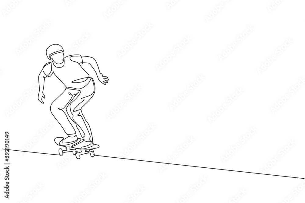 One continuous line drawing of young cool skateboarder man riding ...