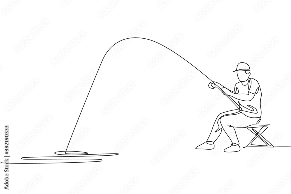 Single continuous line drawing young happy fisher man fly fishing bass ...
