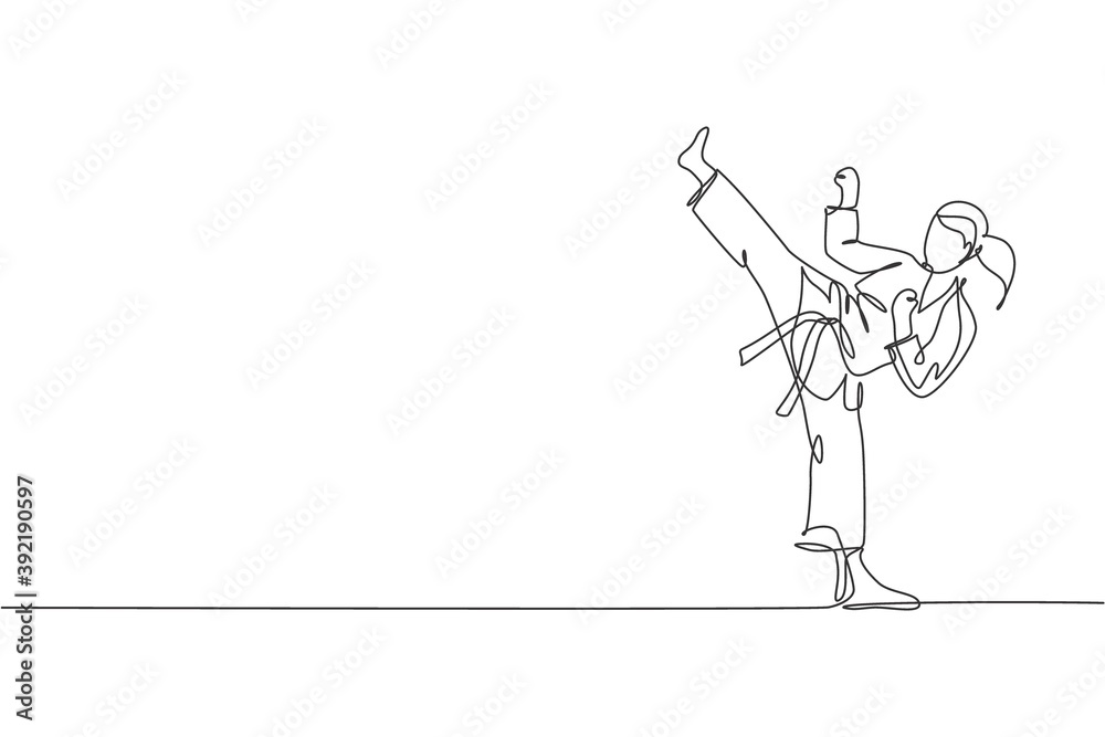Single continuous line drawing of young confident karateka girl in ...