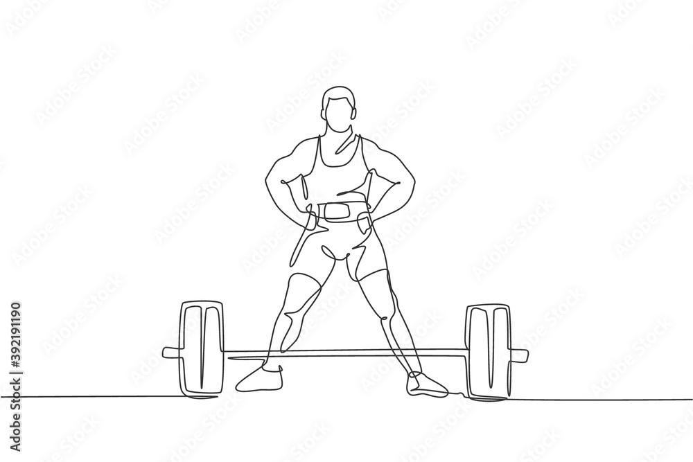 One continuous line drawing of young bodybuilder man doing exercise ...