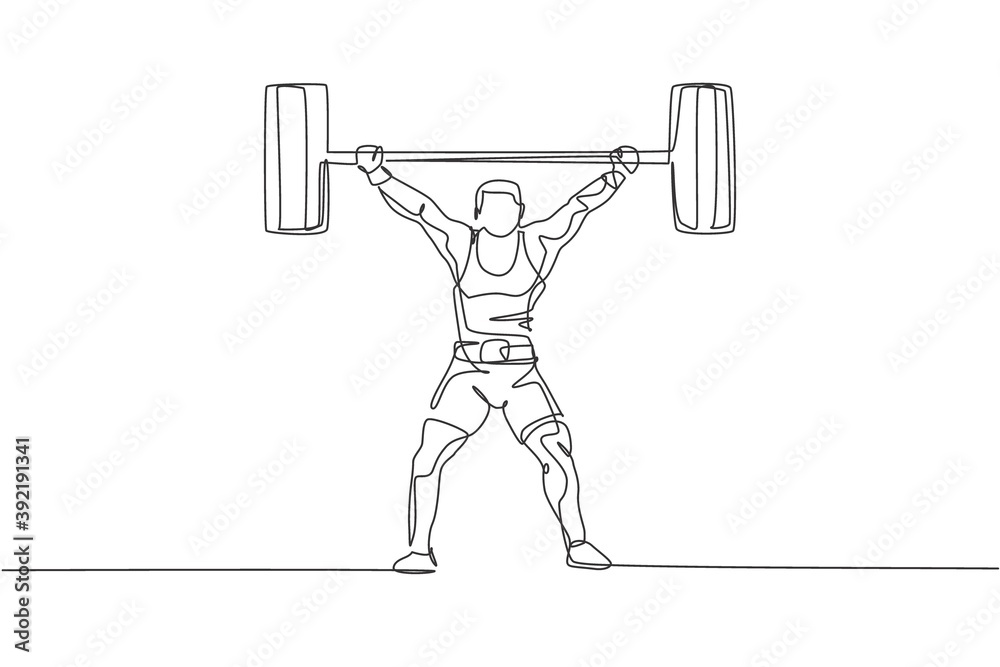 One single line drawing of fit young athlete muscular man lifting ...