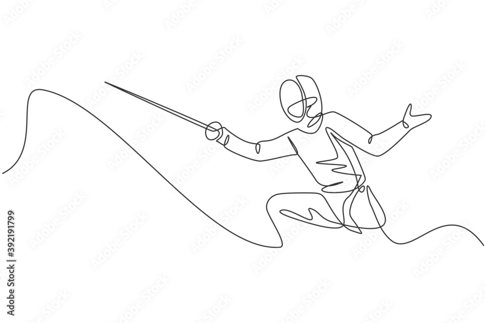 One single line drawing of young woman fencer athlete in fencing ...