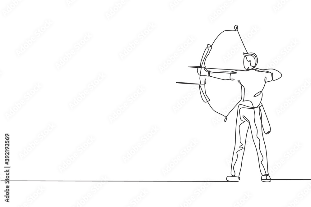 Single continuous line drawing of young professional archer man focus ...