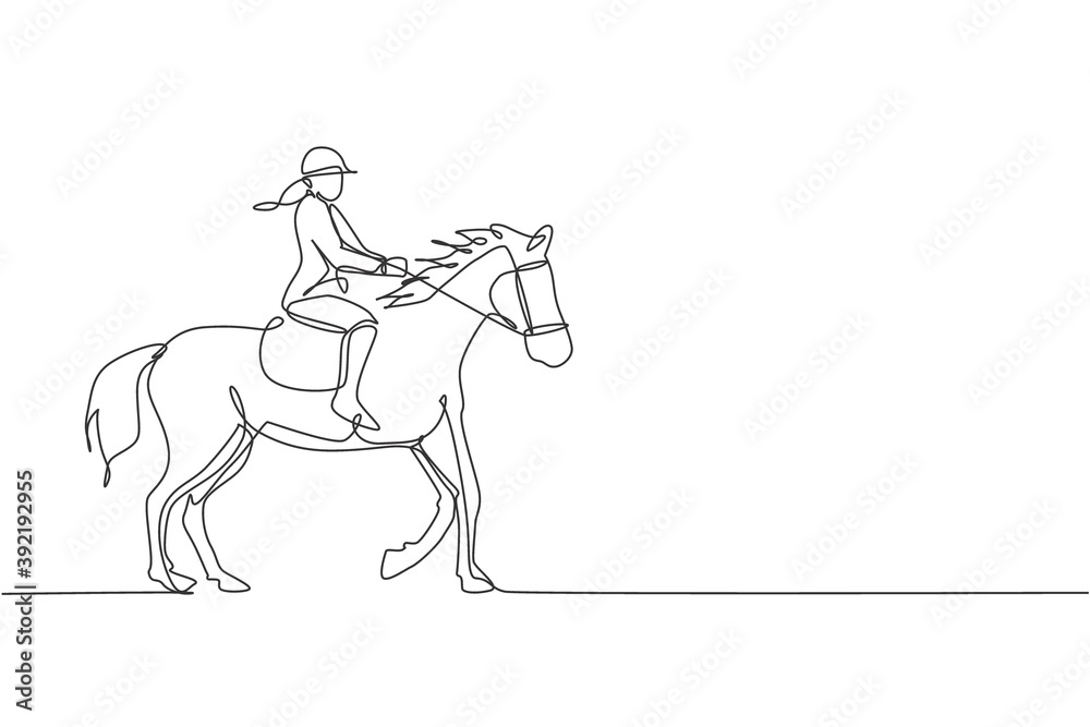 Single continuous line drawing of young professional horseback rider ...