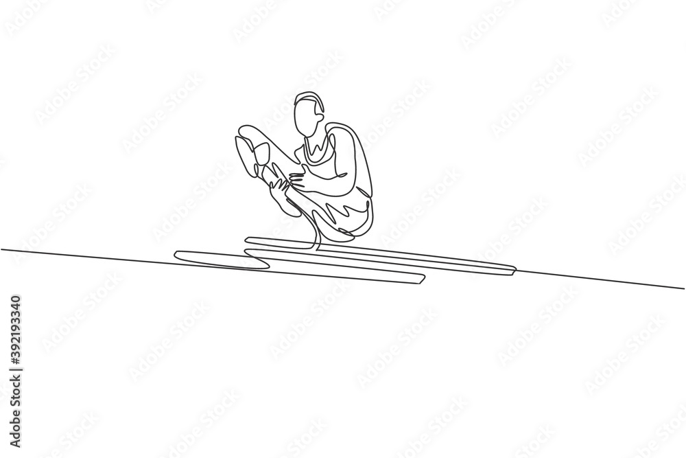 Single continuous line drawing young handsome professional gymnast man ...