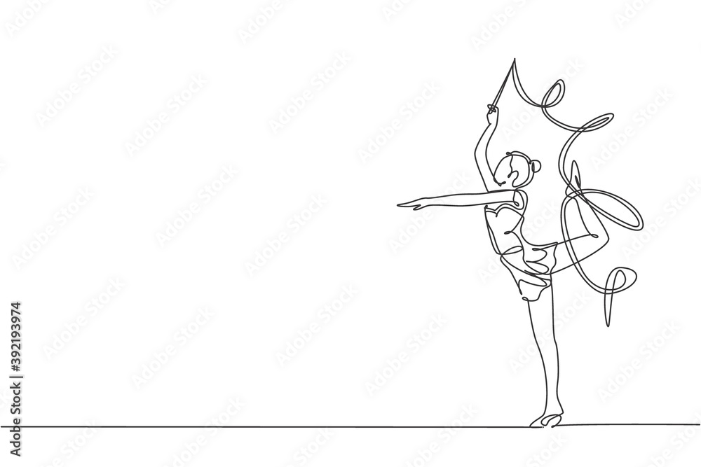 One single line drawing young beauty gymnast girl exercising rhythmic ...