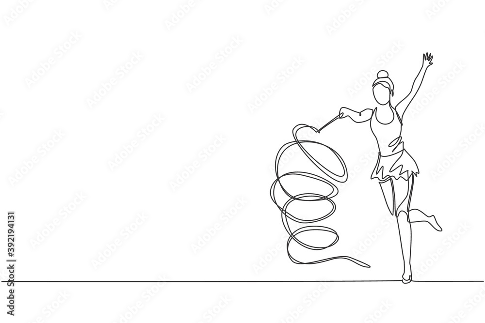 One single line drawing young beauty gymnast girl exercising rhythmic ...