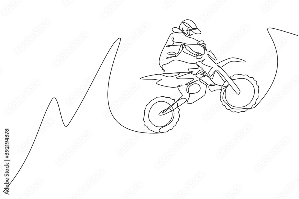 One continuous line drawing of young motocross rider jumping fly high ...