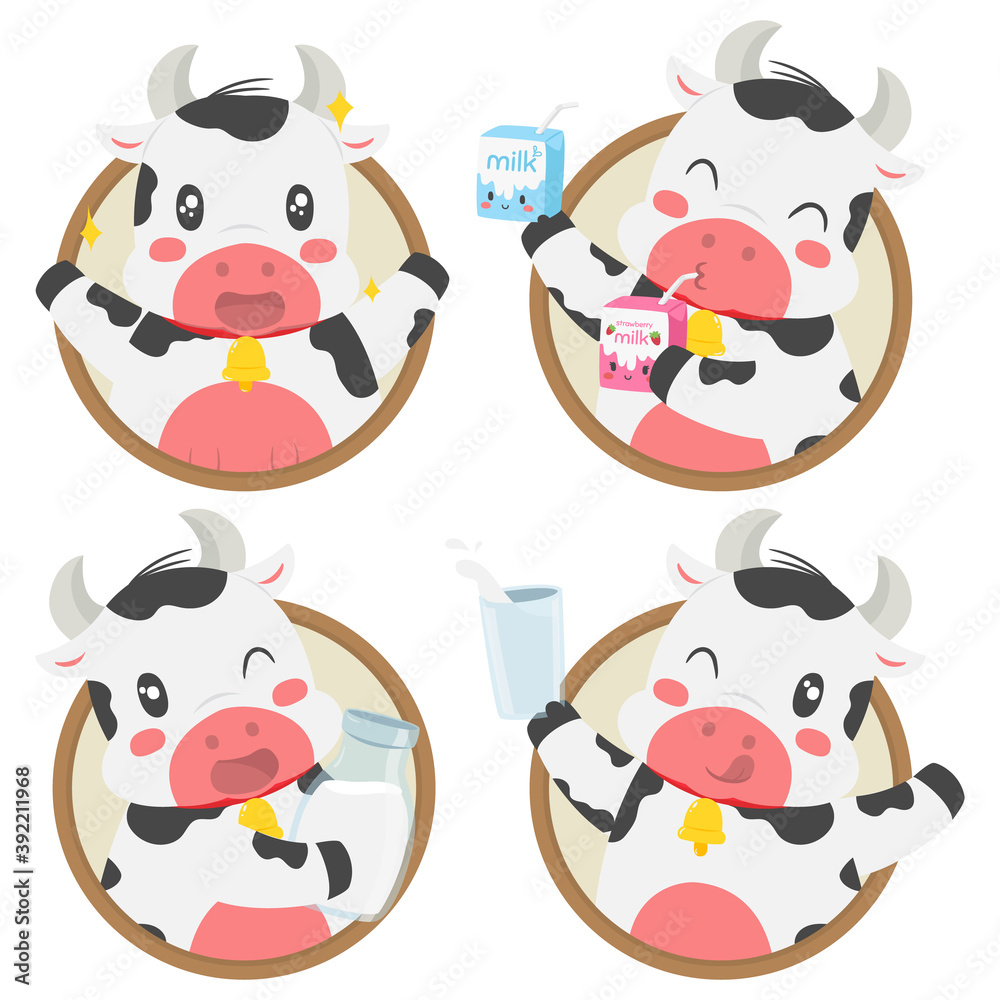 Cow icon vector set. Cute farm cow holding fresh milk in a glass bottle ...
