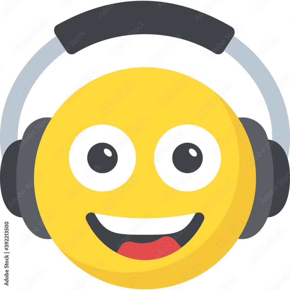Smiling face emoji with large over-ear headphones, DJ emoticon Stock ...