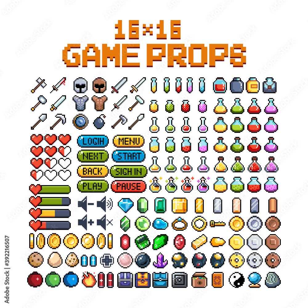 Vetor de Set of 8-bit pixel graphics icons. Isolated vector ...