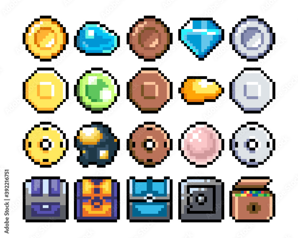 Vecteur Stock Set of 8-bit pixel graphics icons. Isolated vector ...