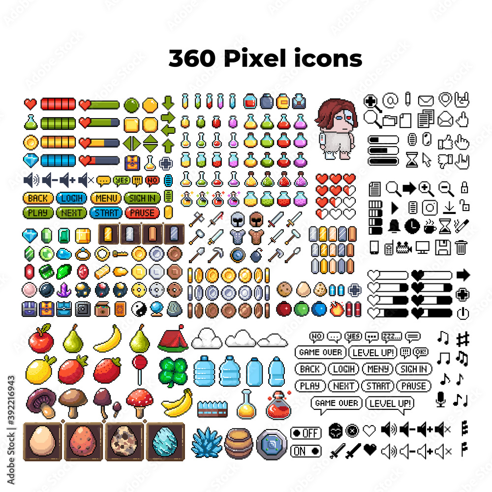 Set of 8-bit pixel graphics icons. Isolated vector illustration. Game ...