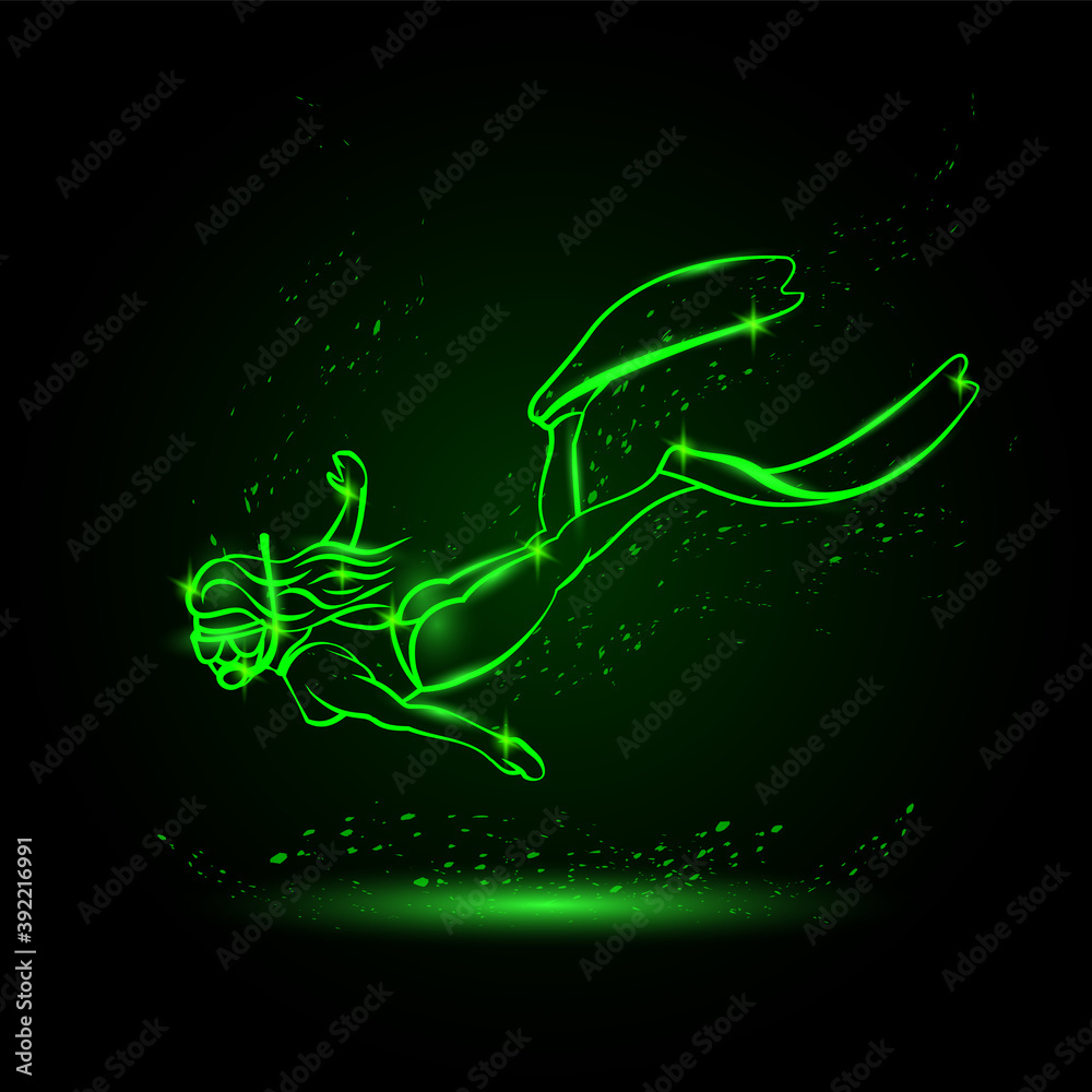 Neon glow diver girl linear silhouette in underwater space. Young girl ...