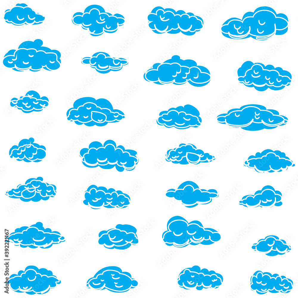 White cartoon clouds set isolated on white background. Collection of different cartoon clouds ...