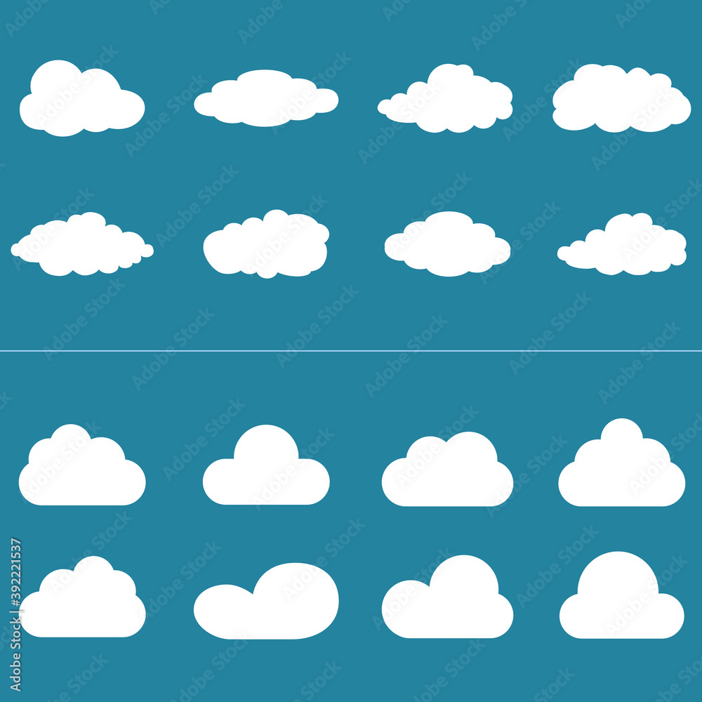 White cartoon clouds set isolated on blue background. Collection of ...