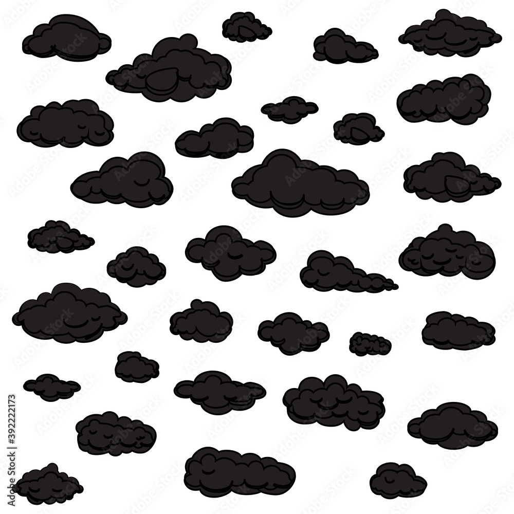 Black cartoon clouds set isolated on white background. Collection of ...
