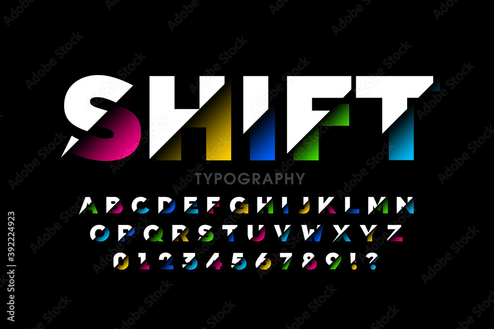 Shifted font modern colorful font design, alphabet letters and numbers ...