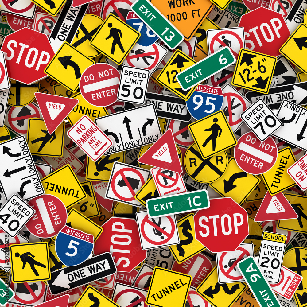 Road signs from North America like stop signs, speed limit signs and ...