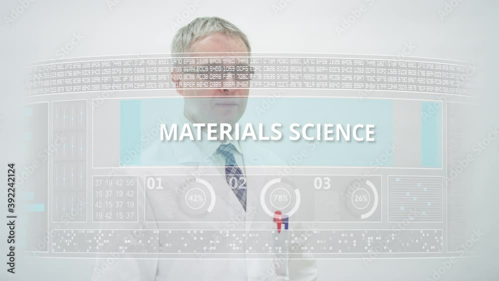 MATERIALS SCIENCE text on a modern touchscreen display and a male ...
