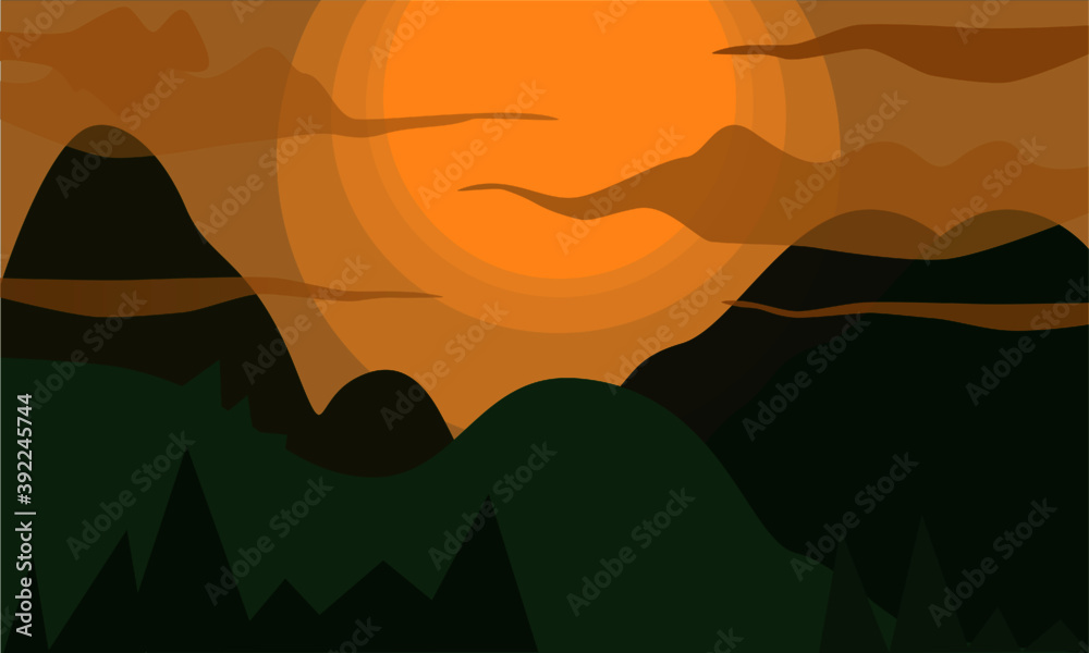 The vector image with spectacular views of mountain scenery. The sun is ...